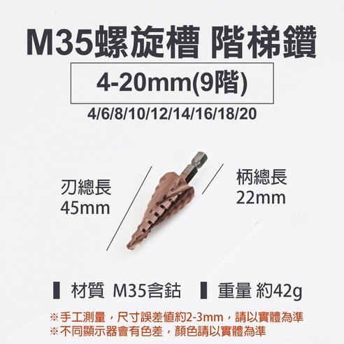 精品階梯鑽 M35 (4-32mm) 螺旋槽 錐形塔型鑽頭 金屬木板萬用擴孔開孔器, M35螺旋槽4-20..., 1個 - 鑽頭 | 酷澎