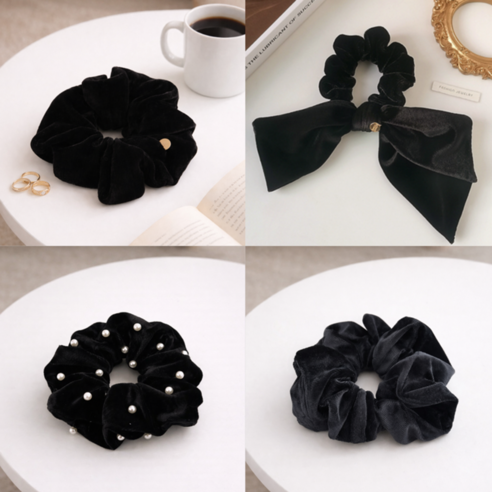 보나히 블랙 벨벳 스크런치 머리끈 4종set - 헤어액세서리 | 쿠팡